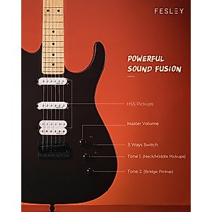 Fesley 39" Electric Guitar, Full Size Solid Body Electric Guitars For Beginner, ST Style, Maple Neck/Fretboard, Electric Guitar Kit With HSS Pickup, Gig Bag, Matte, Morandi Black