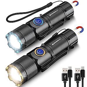 Sogdeco Rechargeable Flashlights High Lumens, Super Bright Small LED Flash Light, 26 Hours Long Lasting, 4 Lighting Modes, Magnetic Zoomable Pocket Flashlight for Emergencies Home Camping (2 Pack)