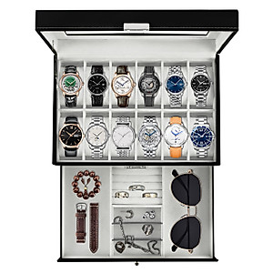 Ogrmar 12 Slot PU Leather Lockable Watch Storage Boxes, Men & Women Jewelry Display Drawer Case, 2-Tier Organizer Watch Showcase with Glass Lid