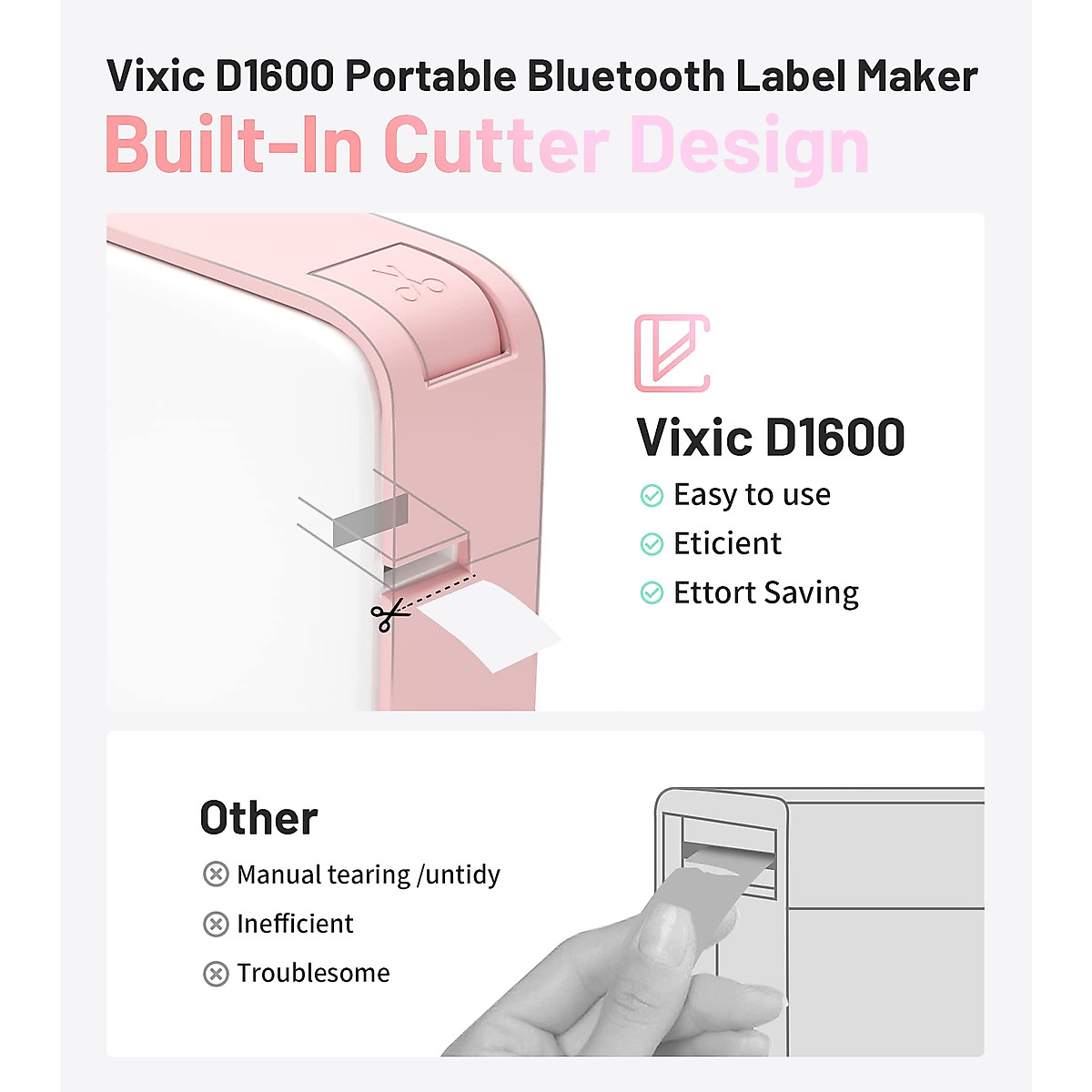 Vixic Label-Maker-Machine-with-Tape D1600 Portable Bluetooth-Label-Printer Wireless Labeler Label Maker Machine for Home & Office Organization, Mini Sticker Maker with Multiple Templates,White-Pink