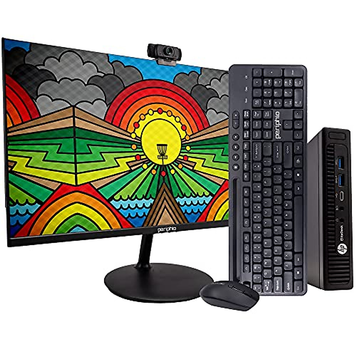 HP EliteDesk 800G2 Micro Desktop Computer PC, Intel Quad Core i5, 8GB RAM, 240 GB SSD, Windows 10 Pro, 23.6 Periphio Monitor, New Periphio Webcam, Periphio Wireless Keyboard & Mouse (Renewed)
