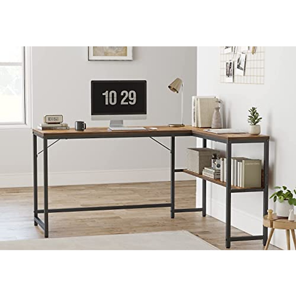 CubiCubi L Shaped Desk, 55.1 inch Corner Computer Desk with Storage Shelves, Study Writing Table Workstation with Open Shelves for Home Office, Rustic Brown
