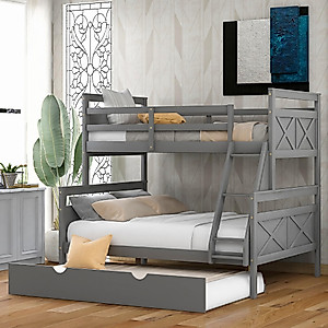 Merax Twin Over Full Bunk Bed with Trundle, Ladder & Safety Guardrail, Wooden Bunk Bed Frame for Kids Adults Teens Bedroom, Convertible to 2 Separated Beds, No Box Spring Needed, Easy Assembly, Grey