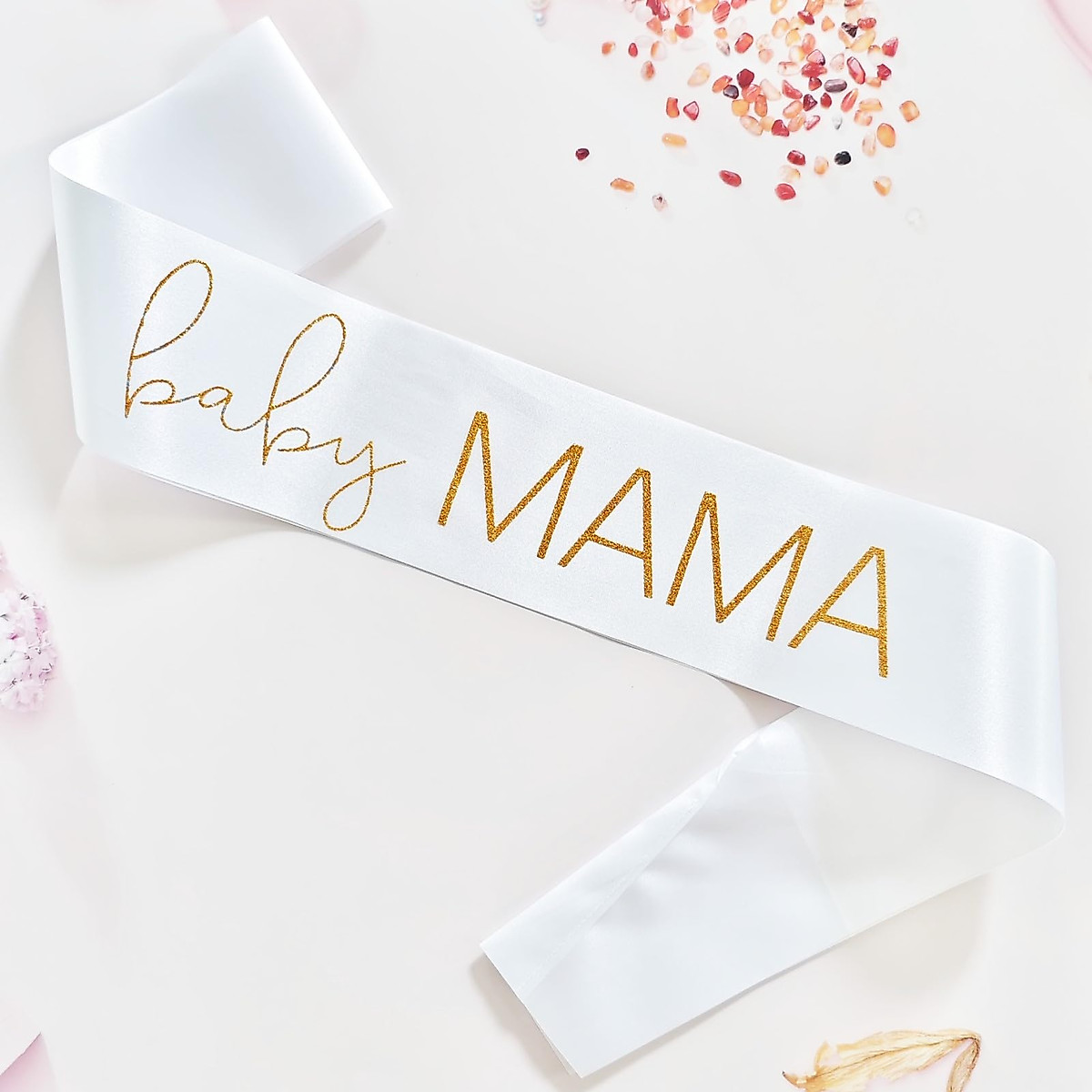 Magnusson's Garden Baby Mama Sash for Baby Shower, Mommy to Be Sash for Gender Reveal, Boy or Girl, Pink or Blue, He or She Baby Sex Reveal Decorations, New Mom Gifts for Women, White