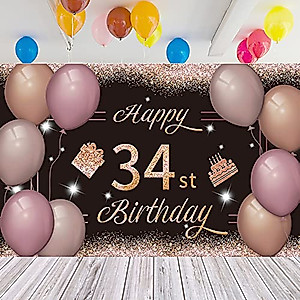 Happy 34st Birthday Backdrop Banner Black Pink 34th Sign Poster 34 Birthday Party Supplies for Anniversary Photo Booth Photography Background Birthday Party Decorations, 72.8 x 43.3 Inch