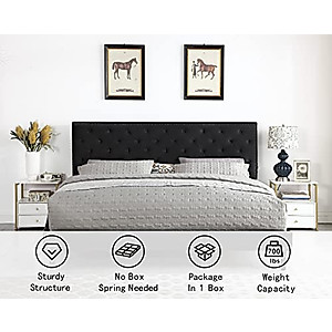 King Upholstered Platform Bed Frame with 48" Tall Adjustable Headboard - Button Tufted Suede Velour Bed- Wood Slat Support with Storage Space- No Box Spring Needed - Black - OLIVER & SMITH - Princeton