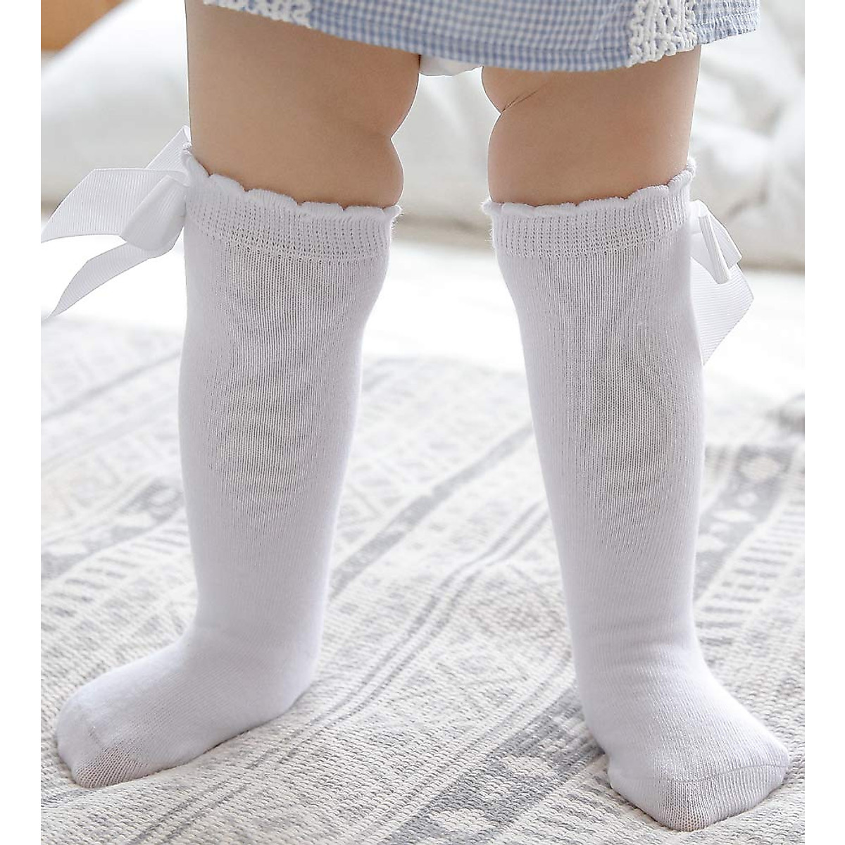 Maorrew 2 Pack Baby Girls Knee High Socks Bow Long Stockings Infants Toddlers Cotton Ruffled Uniform Leggings White 2 Pack 3-5T