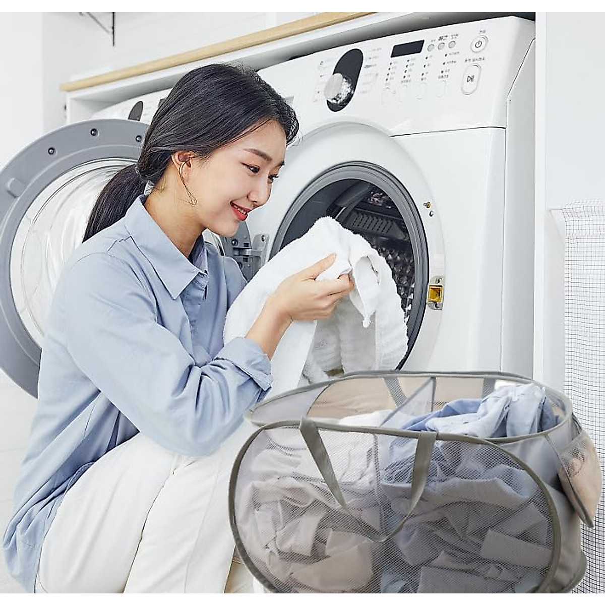 Foldable Laundry Basket, Popup and Collapsible, Durable Mesh Material, 2 Compartments-Folds for Storage, Reinforced Carry Handles. Great Hamper for College Dorm, Laundry Room or Travel Grey 75L