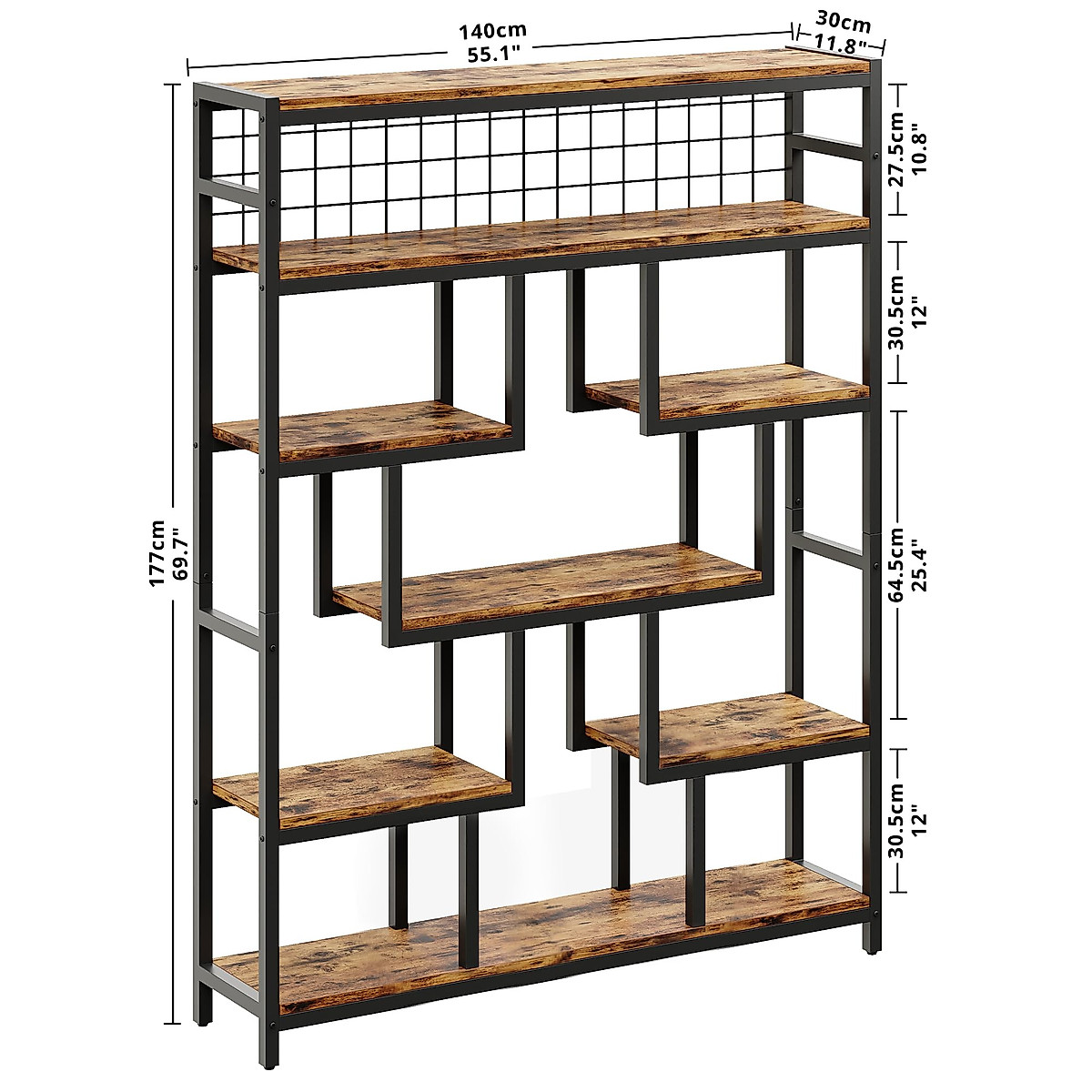 IRONCK Bookshelf and Bookcase 6-Tier 55 in Large Etagere Bookcase, Industrial Open Display Shelves Geometric Bookcase with Sturdy Metal Frame, Vintage Brown