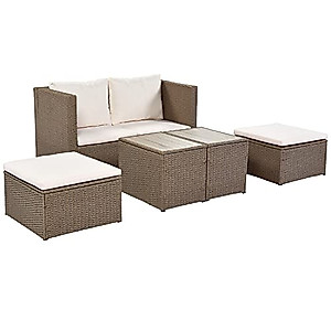 GODAFA 6 Piece Outdoor Patio Furniture Set All-Weather PE Rattan Conversation Sectional Sofa with 2 Tea Tables for Backyard Porch Poolside, Brown Wicker+Beige Cushion
