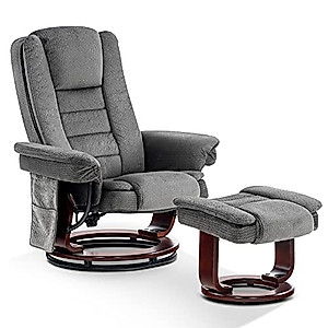 MCombo Recliner Chair with Ottoman, Fabric Accent Chair with Vibration Massage, Swivel Chair with Wood Base, for Living Reading Room Bedroom, 9099 (Grey)