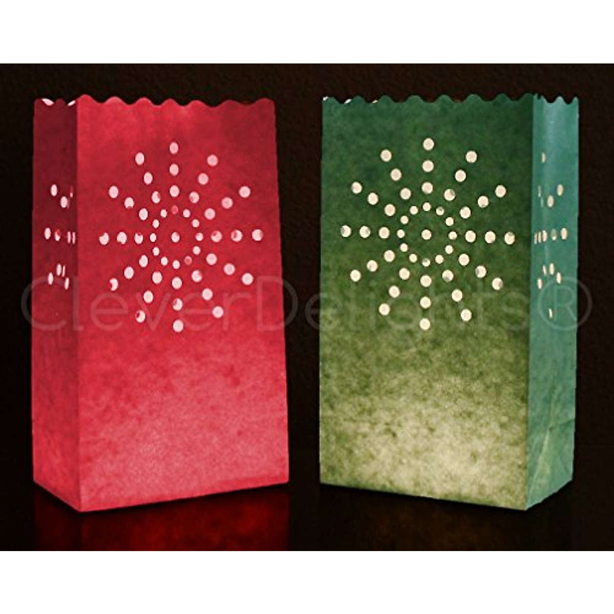 CleverDelights Red and Green Luminary Bags - 10 Count - Sunburst Design - Wedding Party Christmas Holiday Luminaria