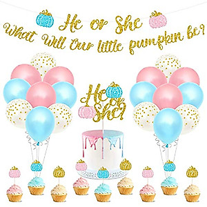 Pumpkin Gender Reveal Party Decoration Fall Baby Shower Banner He Or She Cake Cupcake Topper Pink Blue Balloons Boy Or Girls Sex Announcement Ideas Favor Supplies