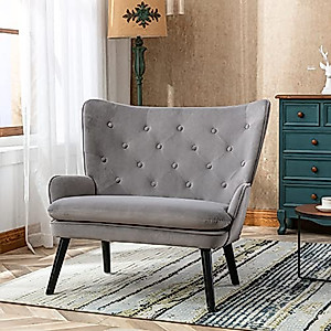 Dolonm Accent Chair Velvet Small Loveseat Tufted Button Wingback Armchair Modern Mid Century Settee Loveseat with Solid Wood Legs for Living Room Bedroom Reading Waiting Room (Silver)