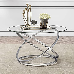 OIOG Round Coffee Table, Glass Coffee Tables for Living Room, Modern Coffee Table with Tempered Glass Tabletop, Chrome Finish (Silver)