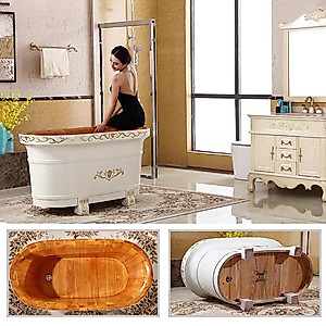 MegLob Free Standing Thickened Solid Wood Bathtub, Oval Soaker Tub, Classic Hand-Carved All-Wood Deep Soaker, White Wooden Freestanding Bathtub with Inner Chair & Pop-Up Drain,160cm/62.99"