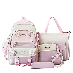 TUDERE Kawaii backpack set of 5 pieces aesthetic backpack for school teenage girls' daily necessities with charm and pins, pencil case, tote bag, small bag.