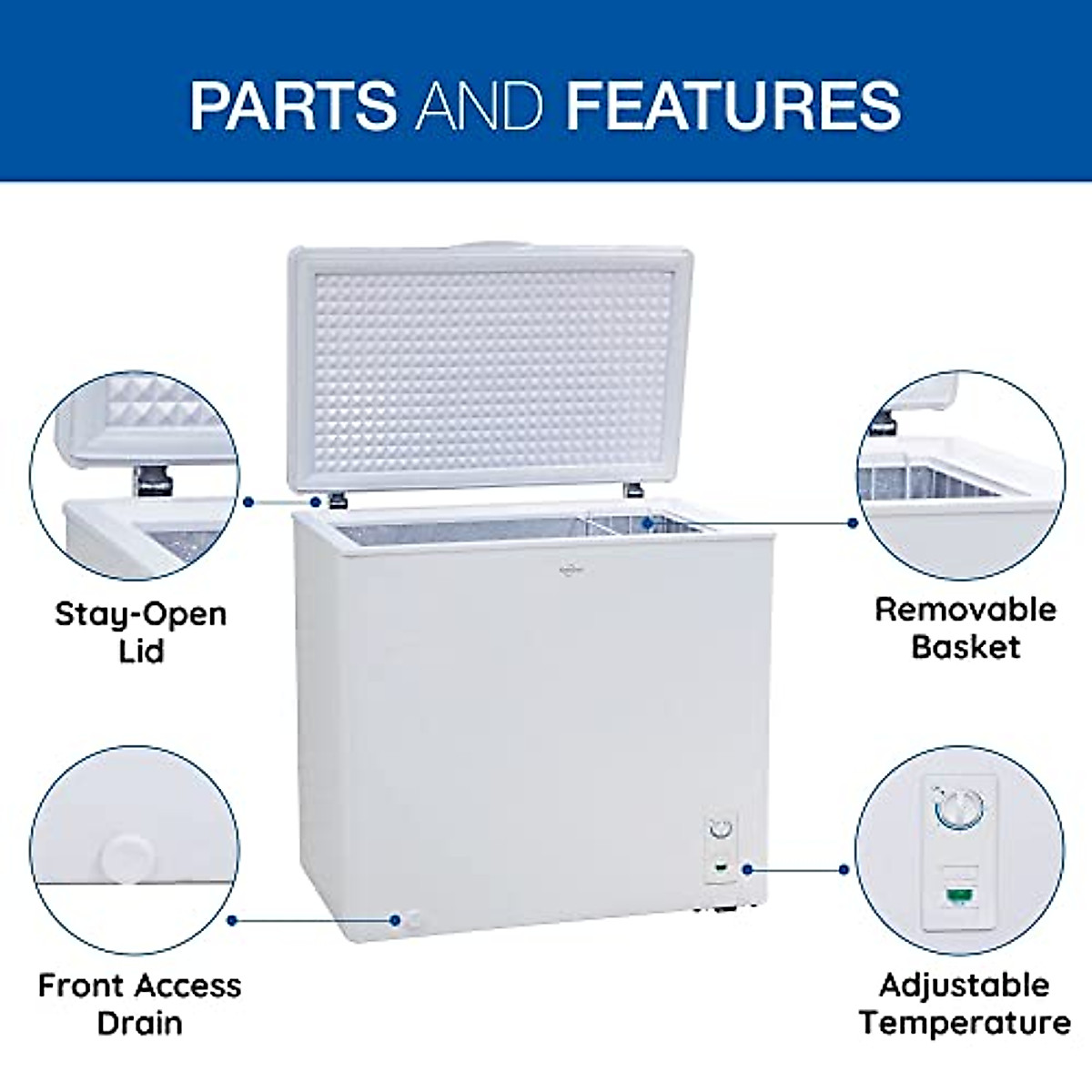 Koolatron Large Chest Freezer, 7.0 cu ft (195L), White, Manual Defrost Deep Freeze, Storage Basket, Space-Saving Flat Back, Stay-Open Lid, Front-Access Drain, for Basement, Laundry Room, Cottage