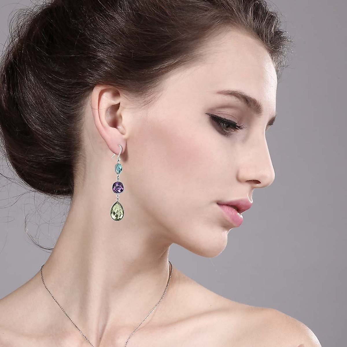 Gem Stone King 925 Sterling Silver Multi Shape Sky Blue Topaz Purple and Green Amethyst Dangle Earrings For Women