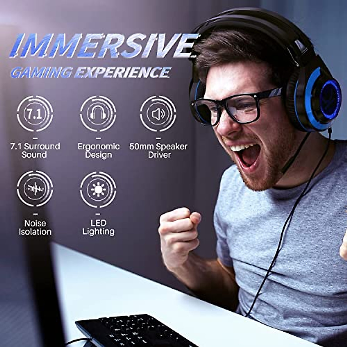 Gaming Headset with 7.1 Surround Sound and Noise Canceling Mic & Memory Foam Ear Pads Gaming Headphones for PC, PS5, Xbox One, Nintendo Switch (Blue)