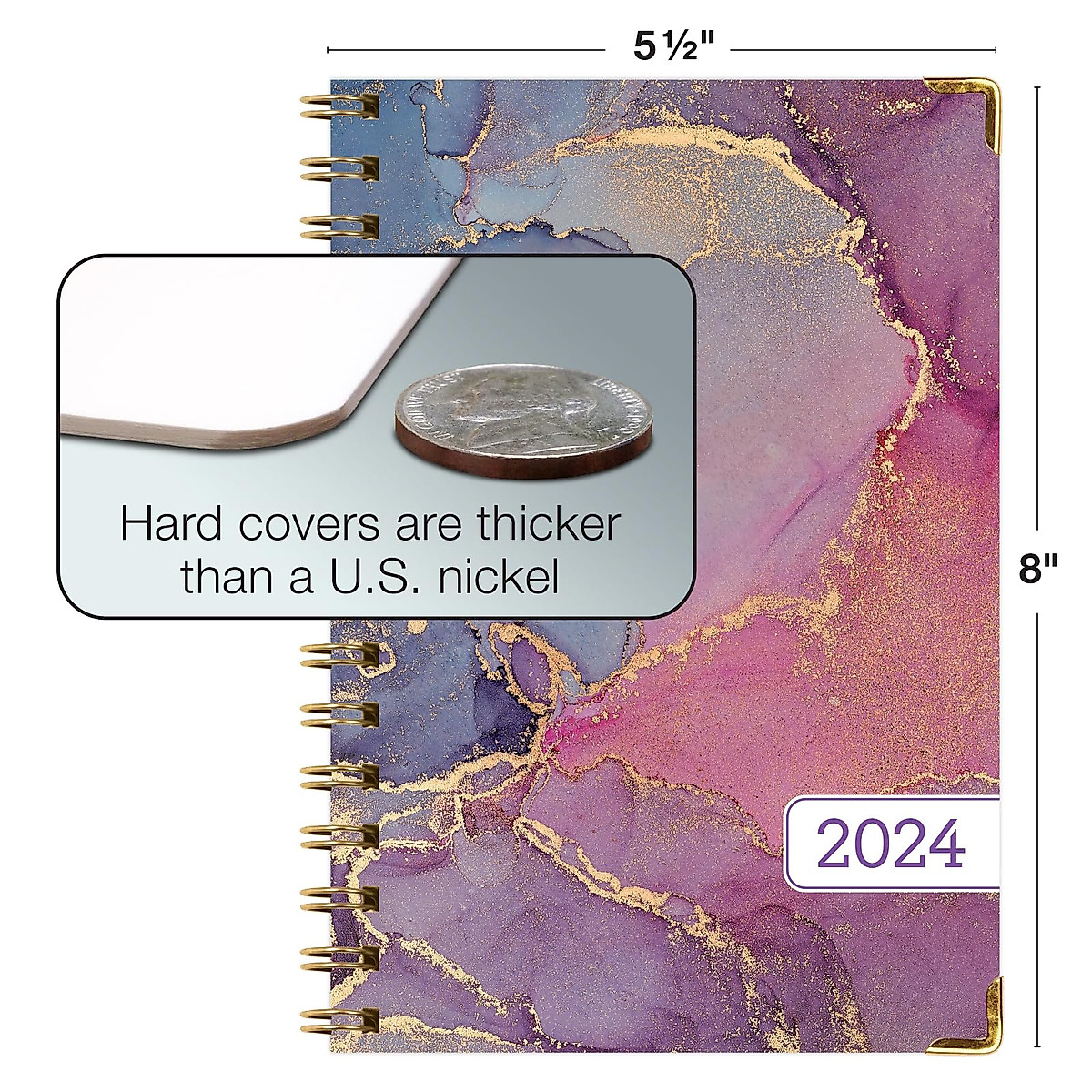 Global Printed Products HARDCOVER 2024 Planner: (November 2023 Through December 2024) 5.5"x8" Daily Weekly Monthly Planner Yearly Agenda Bookmark, Pocket Folder & Sticky Note Set (Pink Purple Marble)