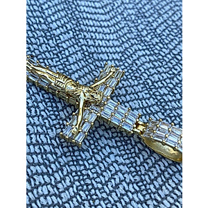 HarlemBling Real 925 Sterling Silver - 14k Gold Finish - Iced Baguette Cross W. Jesus Pendant - 3 Sizes Great For Any Necklace 1-2.5" (Medium 1.5")