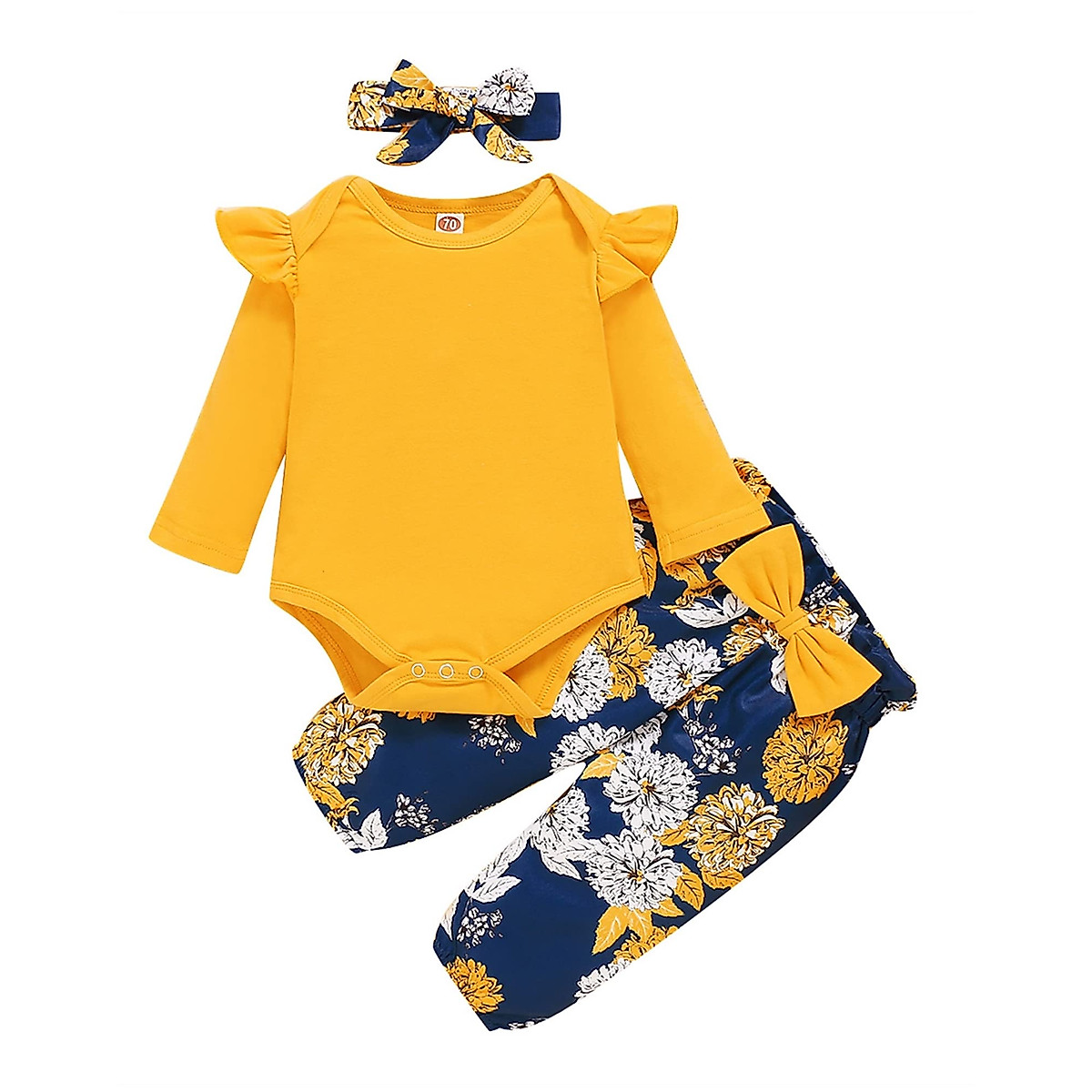 Baby Girl Outfit 3-6 Month Girl Clothes Infant Yellow Ruffle Long Sleeve Romper Bodysuit Floral Pants Set Baby Girl Fall Clothes 2 Pieces Outfit