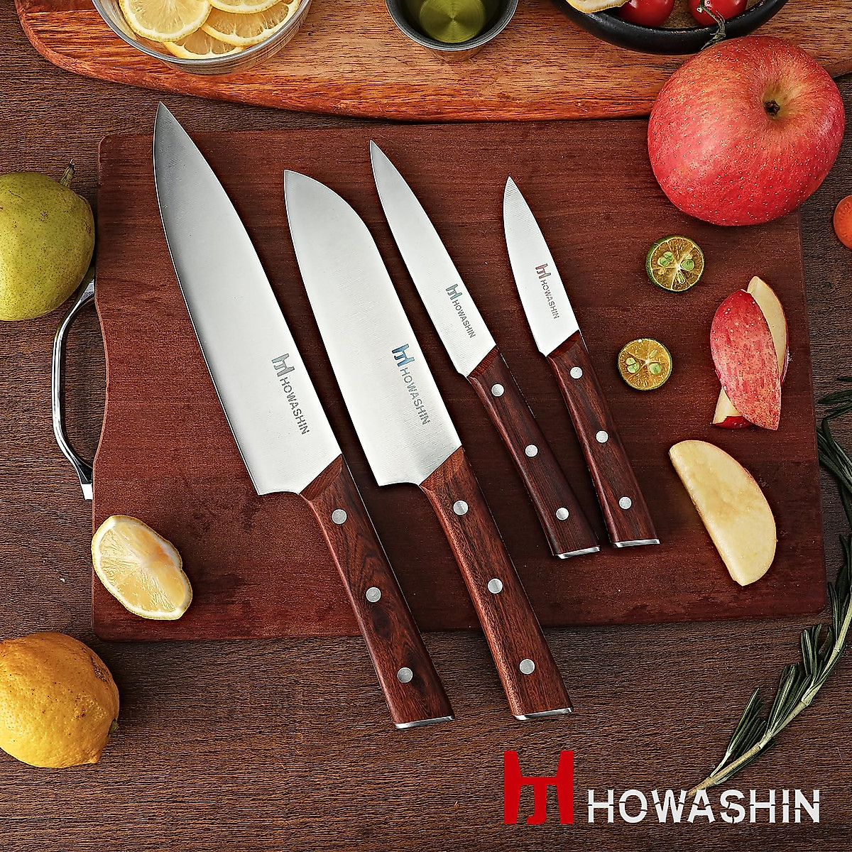 Howashin 4Pcs Chef Knife Set,Germen High Carbon Stainless Steel Kitchen Knife Set,Professional Knife Set Natural Wood Full Handle Tang With Gife-Box