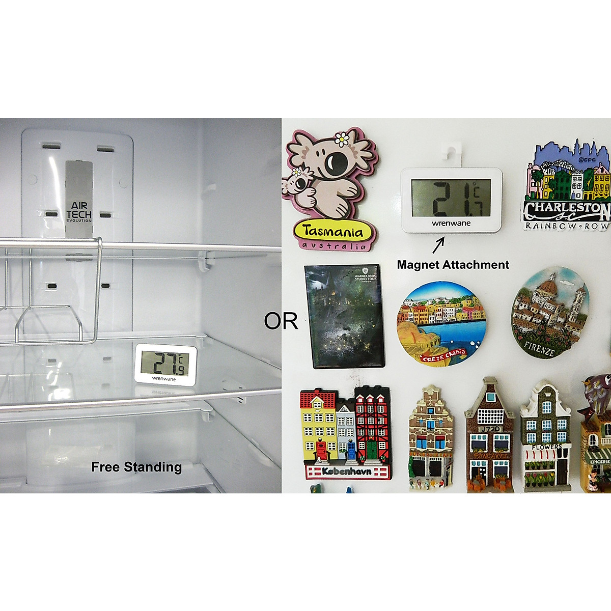 Wrenwane Digital Refrigerator Freezer Room Thermometer, No Frills Simple Operation, White