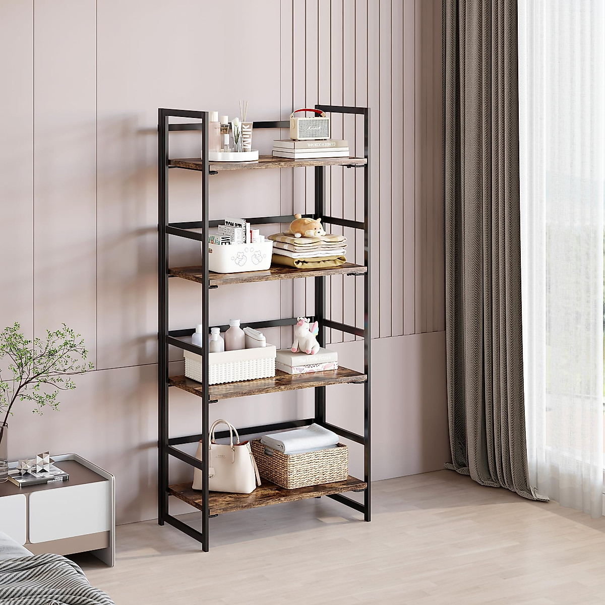 BHG Vintage Multifunctional Folding Bookshelf, No-Assembly Plant Stand Storage Rack Shelves for Home Office (Fire, 4-Tier)