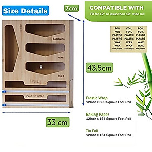 Foil And Plastic Wrap Organizer With Cutter & Ziplock Bag Storage, Baggie Food Holders For Sandwich, Snack Gallon, Quart Bag, Bamboo Aluminum Dispenser Labels, 43*33*7