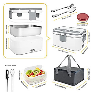 Ivyhouse Electric Lunch Box for Men and Women Food Heater 1.8L Large Capacity 3 in 1 12V/24V/110V Heated Lunch Boxes for Adults Warming Lunch Boxes for Work with Fork & Spoon & Lunch Bag Grey