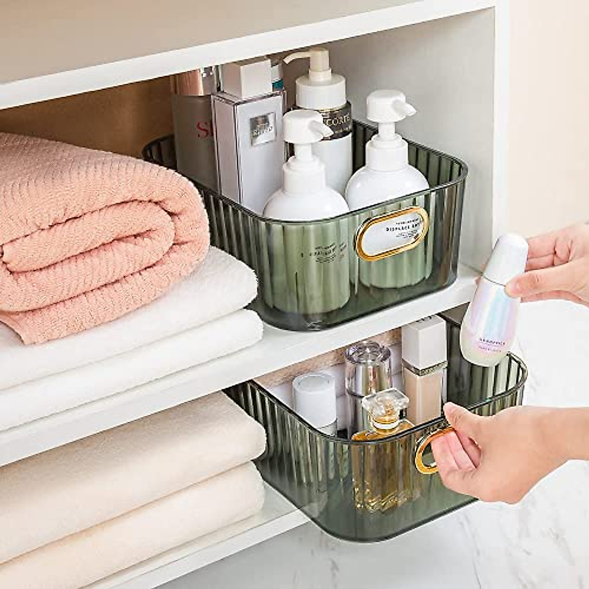 Plastic Storage Bins, Food Storage Bins with Handles, Stackable PET Organizer Baskets for Refrigerator, Cabinet, Kitchen, Countertops, Cupboard Organization - 2 Pcs (Clear Green)