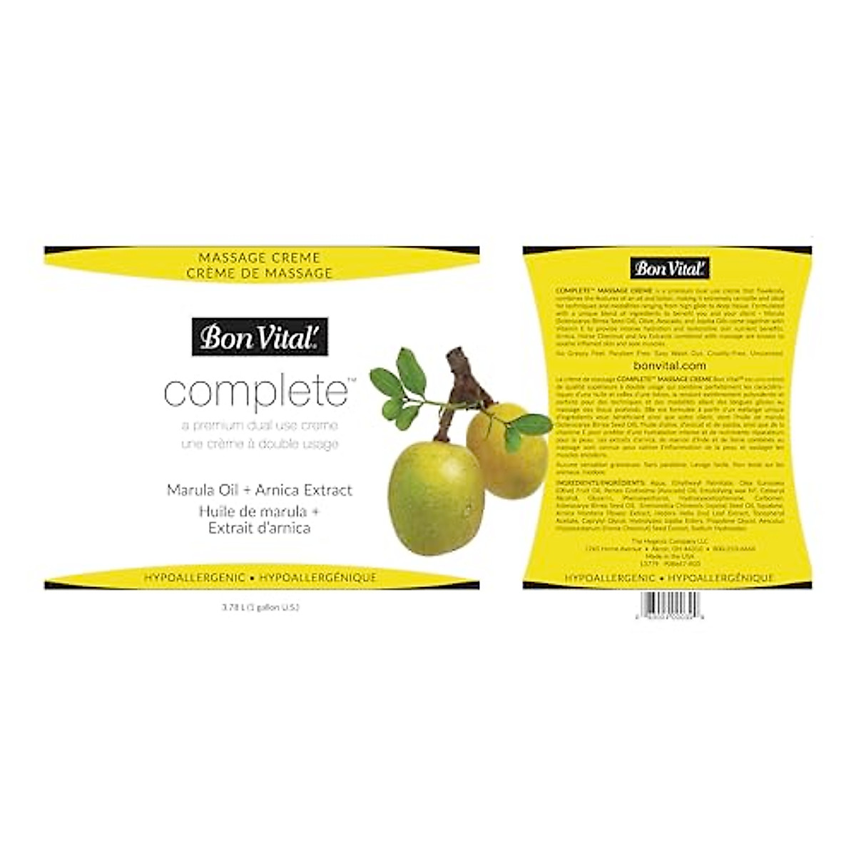 Bon Vital Complete Massage Creme, Premium Dual Use Cream for Hypoallergenic Professional Massages, Non Greasy Unscented Moisturizer Made with Marula, Olive, Avocado, & Jojoba Oil, 1 Gallon