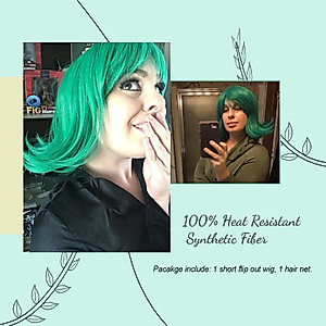 MORTICIA Short Straight Fillp out Green Bob holiday and vacations Costume Cosplay Wig with Purple Scarf