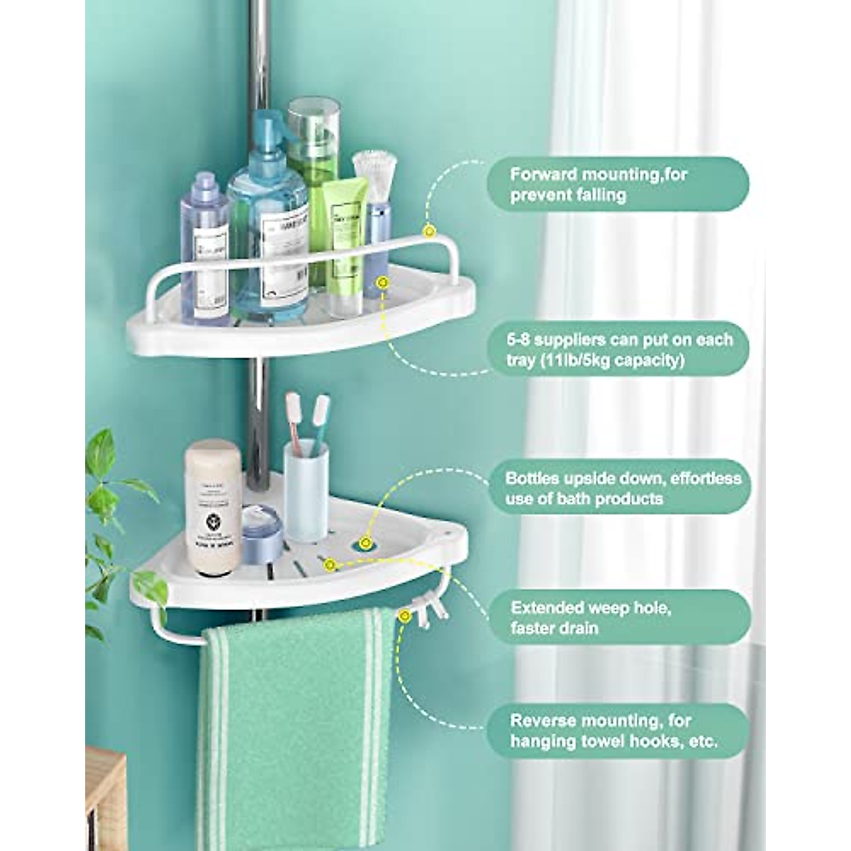 ROOMATIC 4 Layer Corner Shower Caddy, Adjustable Shower Shelf, Constant Tension Stainless Steel Pole Organizer, Rustproof 3.3 to 9.8ft
