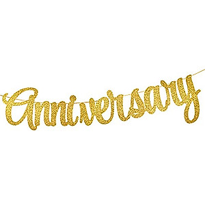 PALASASA Gold Glittery Happy Anniversary Banner for Wedding Anniversary Party Decorations