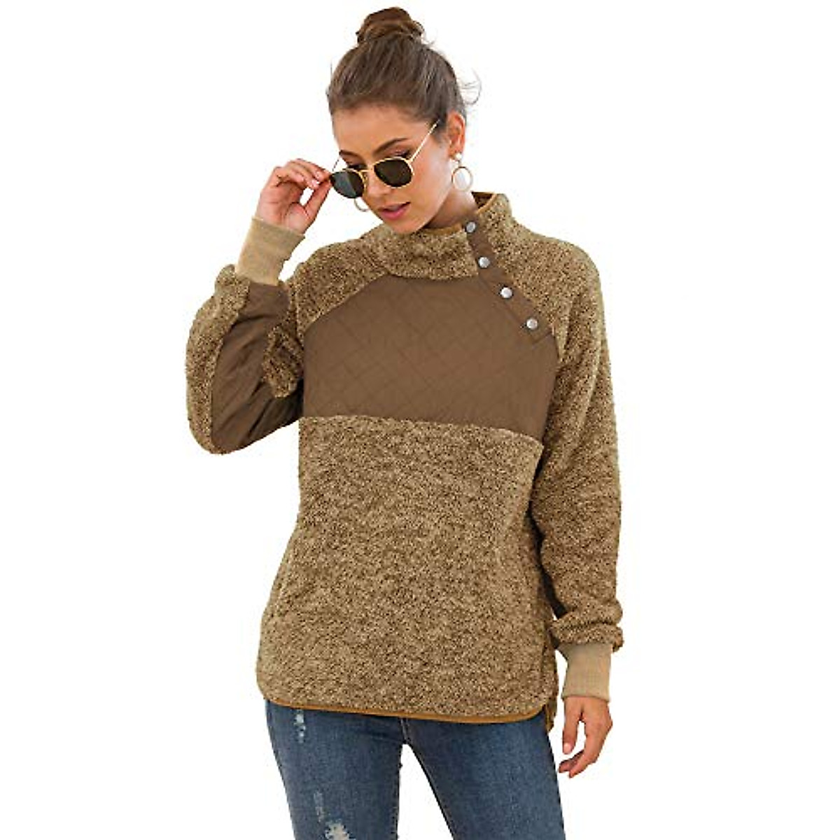 VIISHOW Womens Fashion Oversize Fluffy Fleece Sweatshirt Pullover Outwear With Pockets Brownish Yellow X-Small