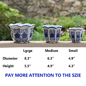 HakkaGirl Ceramic Pots for Plants, Chinoiserie Décor Ceramic Flower Pots Planters for Indoor Plants with Drainage, Blue and White, Set of 3