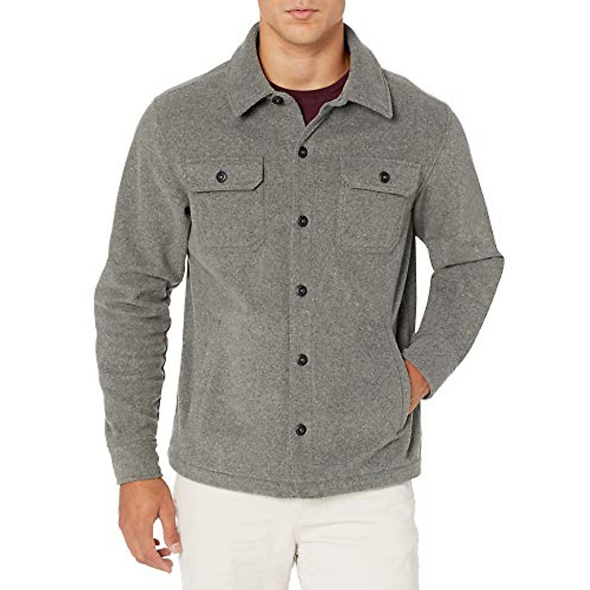 Amazon Essentials Men's Long-Sleeve Polar Fleece Shirt Jacket, Charcoal Heather, Large