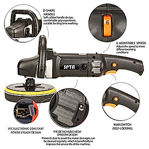 SPTA Buffer Polisher, 7 Inch 180mm Rotary Polisher Car Polisher Electric Polisher RO Polisher & Polishing Pads Set for Auto Buffing and Polishing