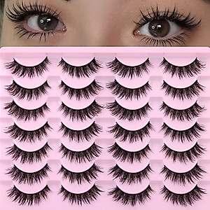 Natural False Lashes Wet Look Cat Eye Lashes Wispy Asian False Eyelashes 3D Mink Lashes 16mm Thai Fairy Lashes 14 Pairs Fake Eyelashes Pack