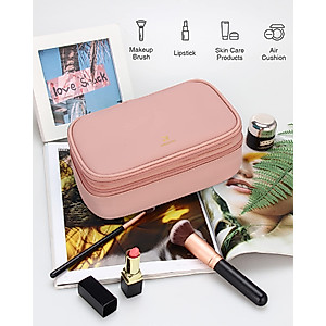 Relavel Makeup Bag, Small Travel Cosmetic Bag for Women, Portable 2 Layer Makeup Brushes Holder Bag, Toiletry Bag, Compact Cosmetic Case Organizer for Christmas, Pink