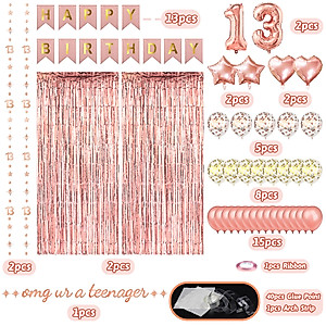 ZERODECO Rose Gold Birthday Party Decorations 13th, Happy Birthday Banner Fringe Curtain 13 Garland Heart Star Foil Confetti Balloons for Women Girls Queen Princess Birthday Party