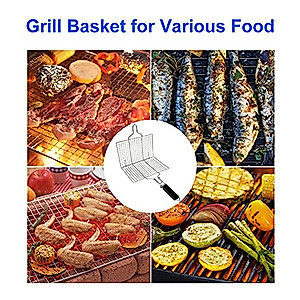 Fish Grill Basket, Fish Basket Non-stick Stainless Steel Foldable Nets Portable with Removable Handle Easy-to-flip for Steaks Seafood Vegetables Outdoor Barbecue
