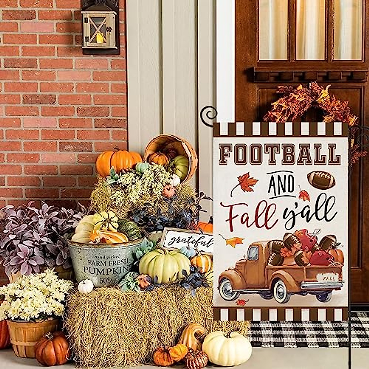 Welcome Fall Garden Flags for Outside Decorations, FOOTBALL and Fall Y'all Truck with Maple Leaves Small Yard Flag, Harvest Autumn Thanksgiving Seasonal Farmhouse Holiday Outdoor Decor 12x18 Inch Vertical Double Sided