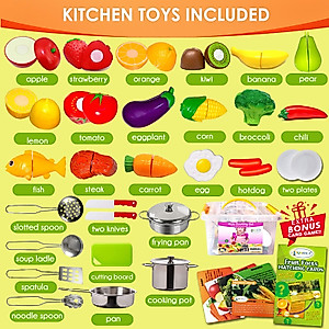 FUNERICA Play Food Set and Cookware Set with Realistic Stainless-Steel Pots and Pans and Utensils - Cutting Fake Food and Pretend Toy Kitchen Accessories Playset for Toddlers and Kids