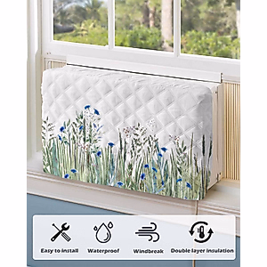 Leaves Plants Indoor Air Conditioner Cover for Window Units, Double Insulation Adjustable Waterproof Indoor AC Cover with Elastic Straps Wildflower Botanical Flower Blue Green 25'' x 18'' x 3.5''