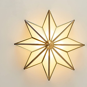 LITFAD Modern 4-Light LED Ceiling Lamp Beveled Frosted Glass Flush Mount Lighting Fixture Traditional Brass Star Close to Ceiling Light Decorative Pendant Light for Hotel Hall Bedroom Living Room