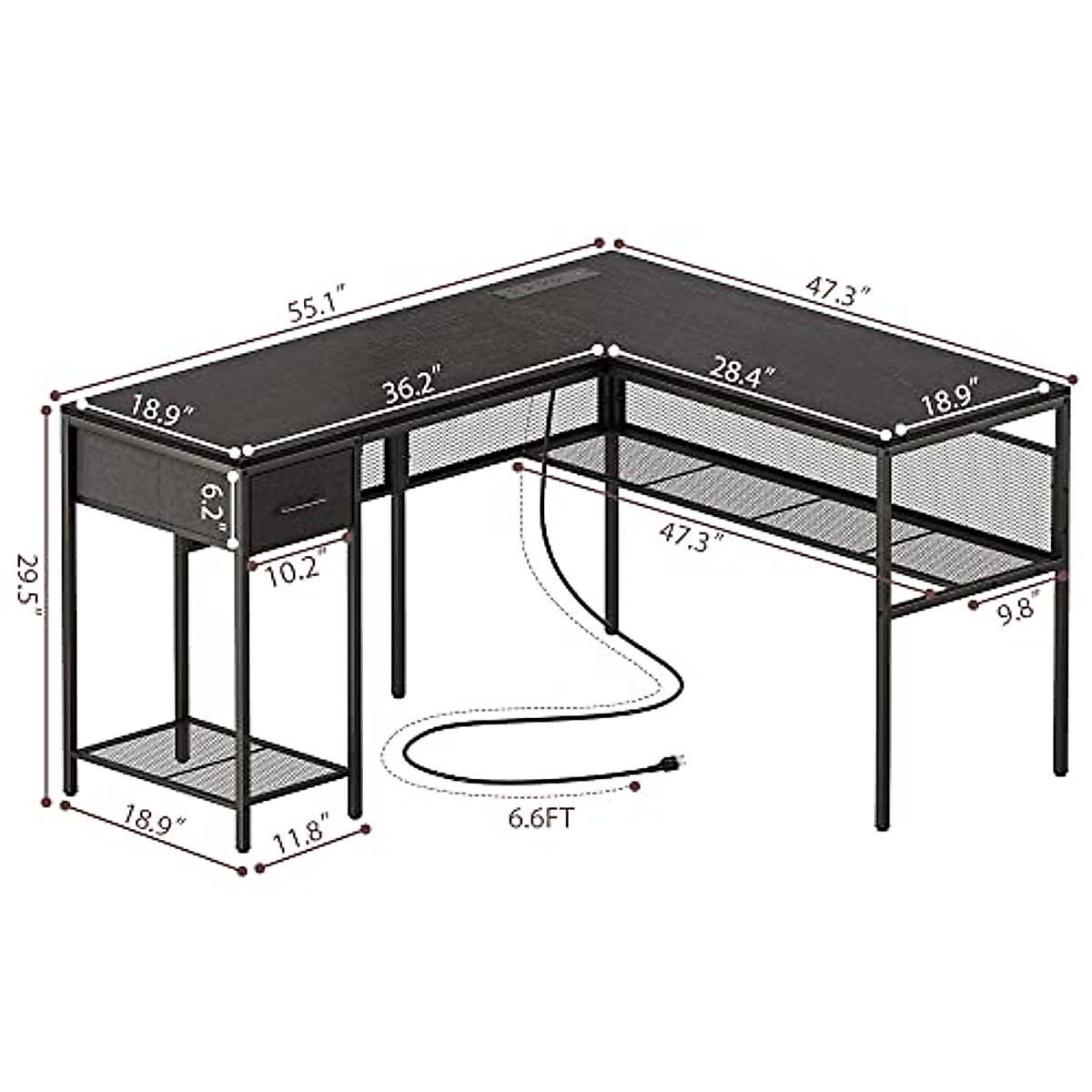 SUPERJARE L Shaped Desk with Power Outlets, Computer Desk with Drawer, Reversible Corner Desk with Grid Storage Bookshelf, Home Office Desk, Black